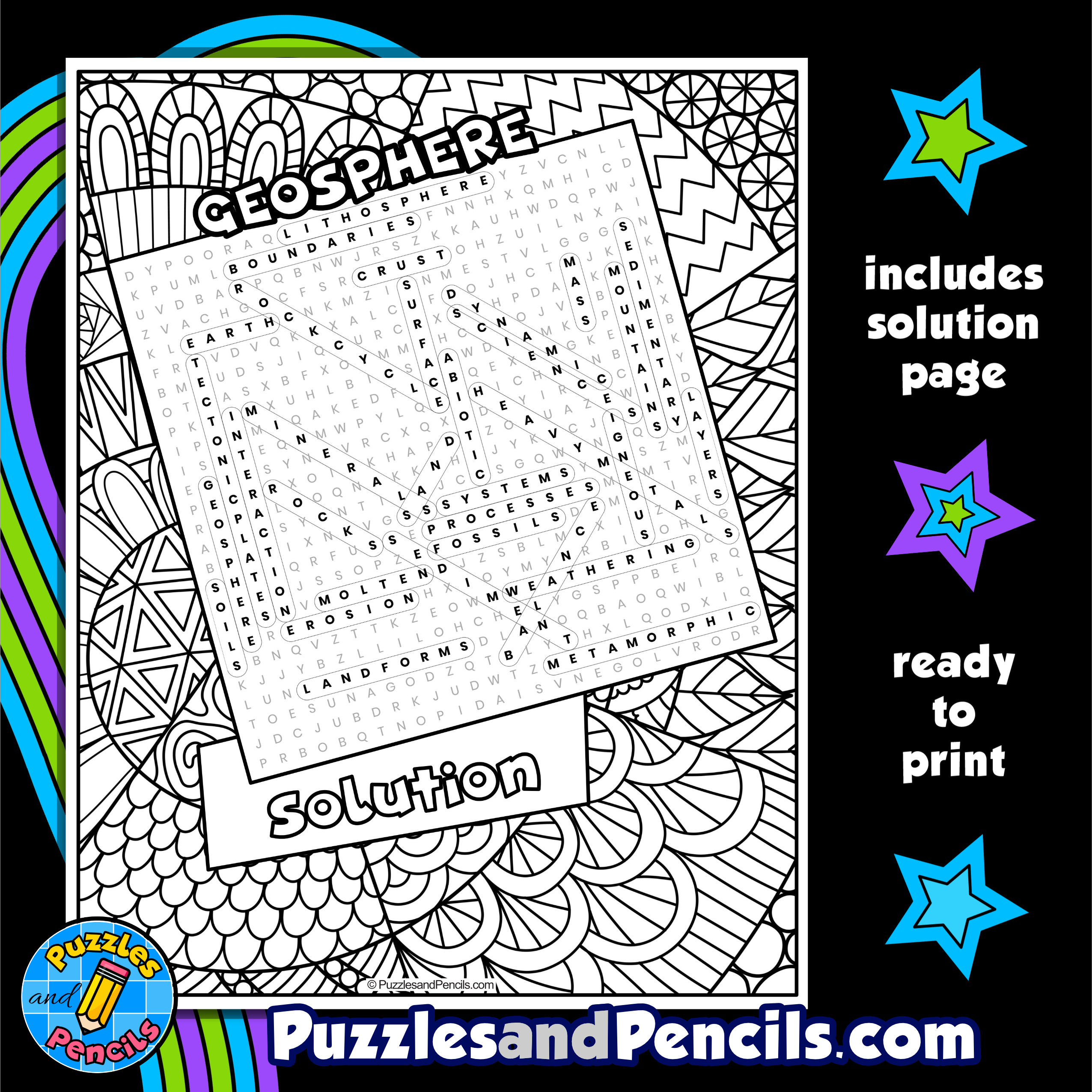 Geosphere Word Search Puzzle with Coloring | Earth Sciences Wordsearch ...
