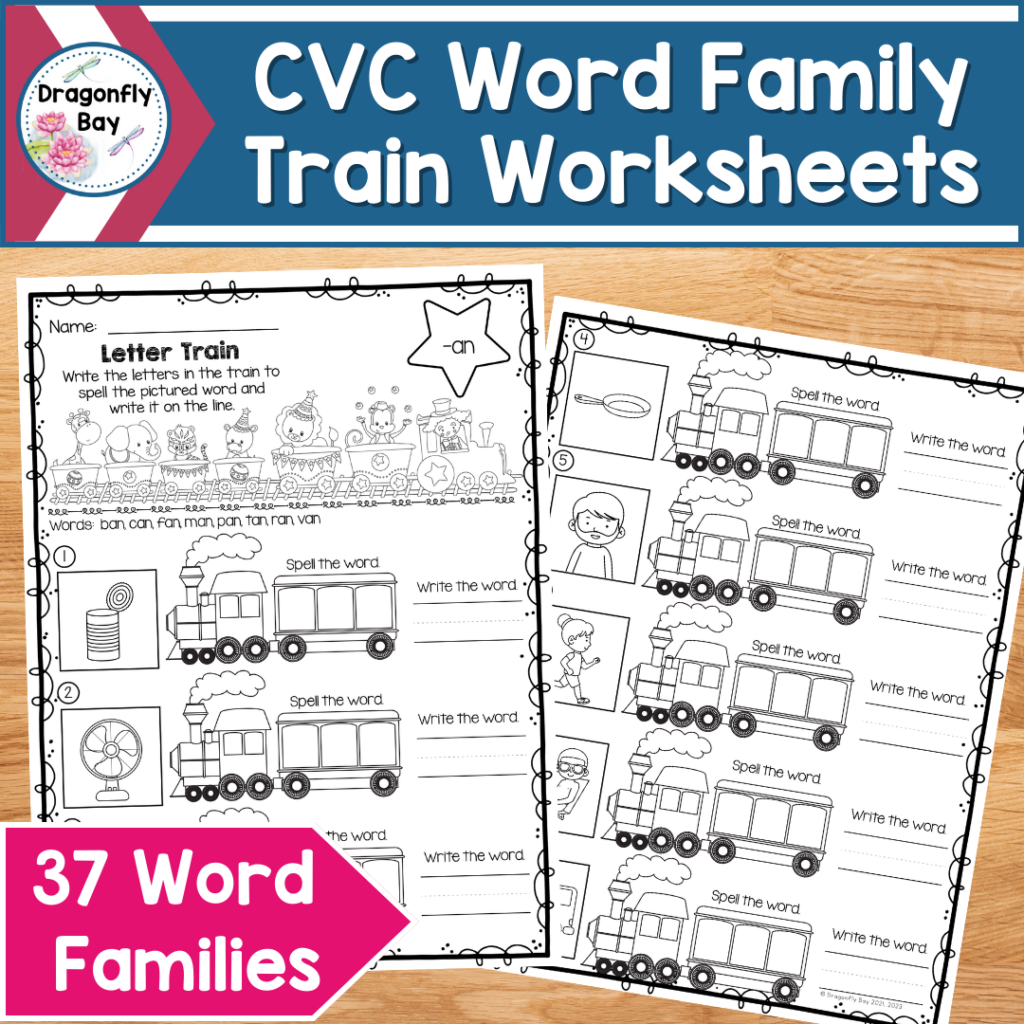 37 CVC Word Family Spelling Train Printable Worksheets NO PREP | Made ...