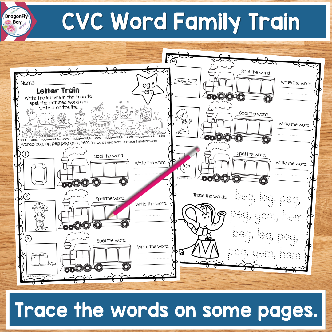 37 CVC Word Family Spelling Train Printable Worksheets NO PREP | Made ...