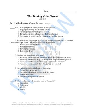 Taming of the Shrew Test and Answer Key | Made By Teachers