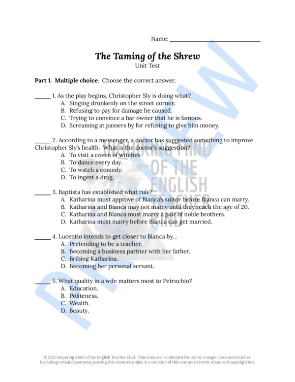 Taming of the Shrew Test and Answer Key | Made By Teachers