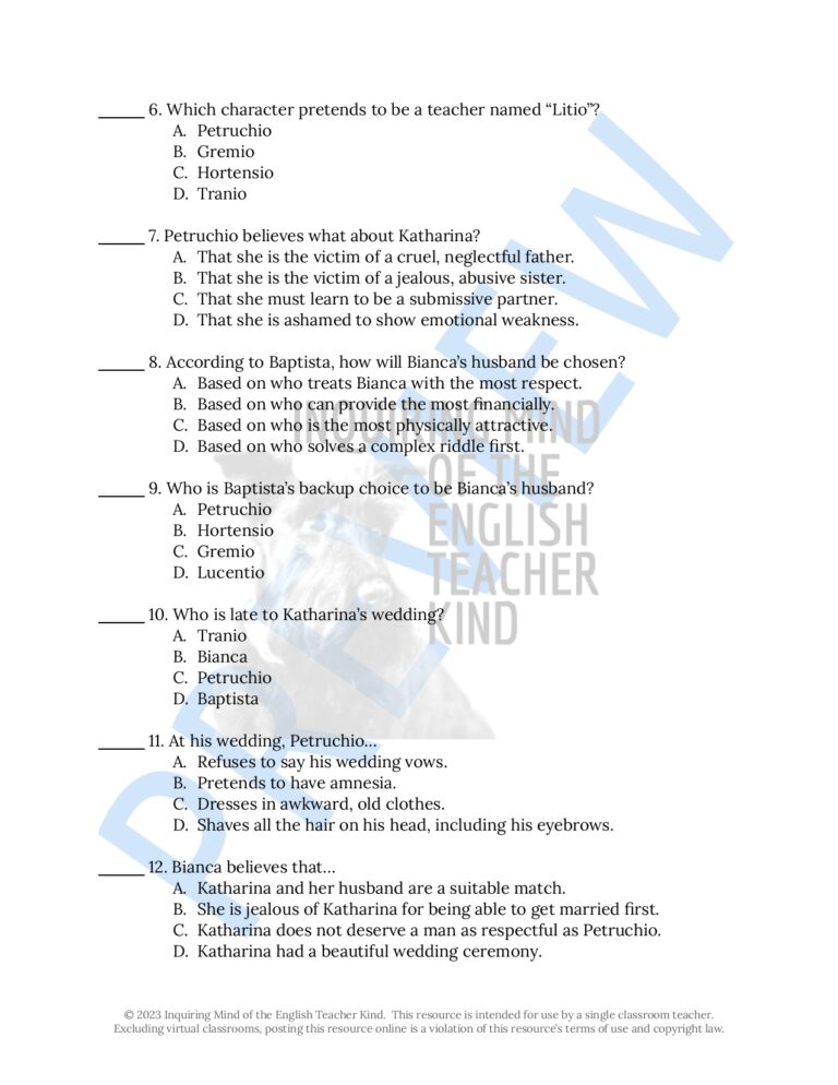 Taming of the Shrew Test and Answer Key | Made By Teachers