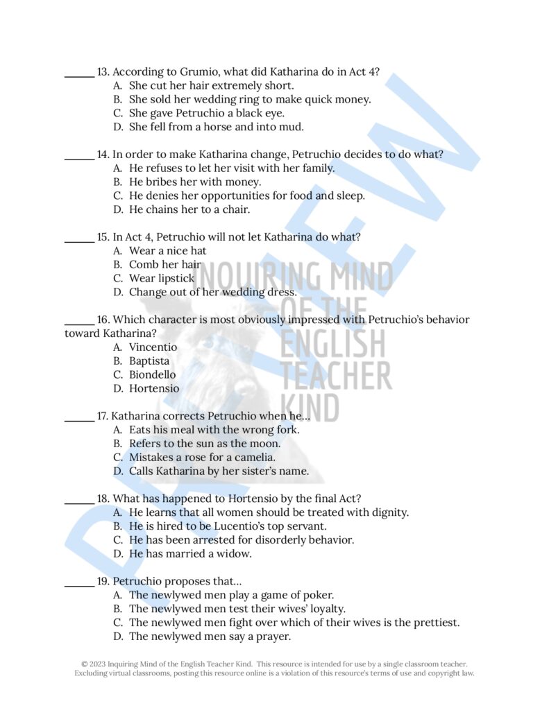 Taming of the Shrew Test and Answer Key | Made By Teachers