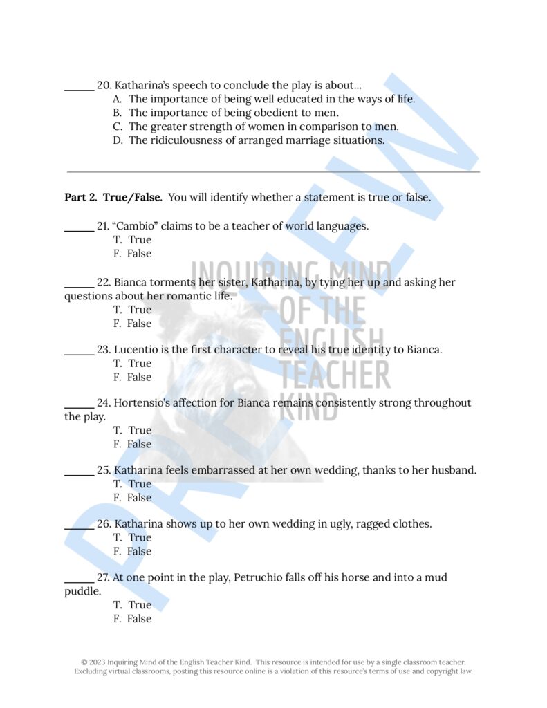 Taming of the Shrew Test and Answer Key | Made By Teachers