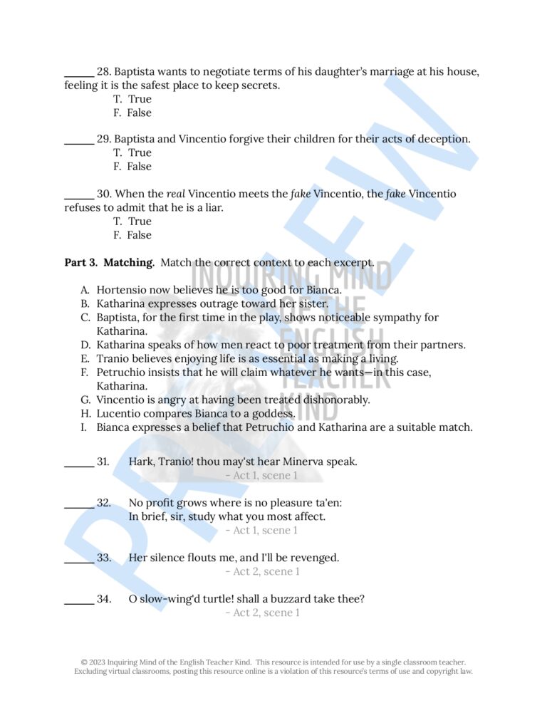 Taming of the Shrew Test and Answer Key | Made By Teachers