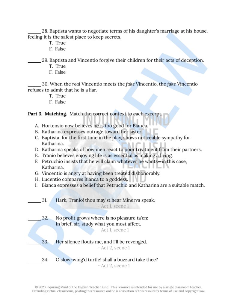 Taming of the Shrew Test and Answer Key | Made By Teachers