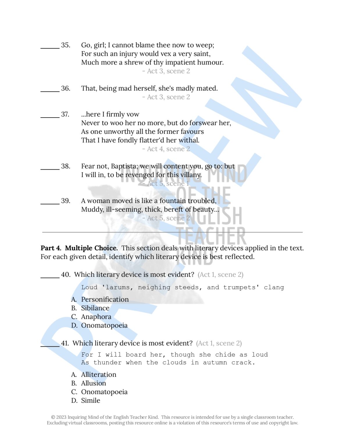 Taming of the Shrew Test and Answer Key | Made By Teachers