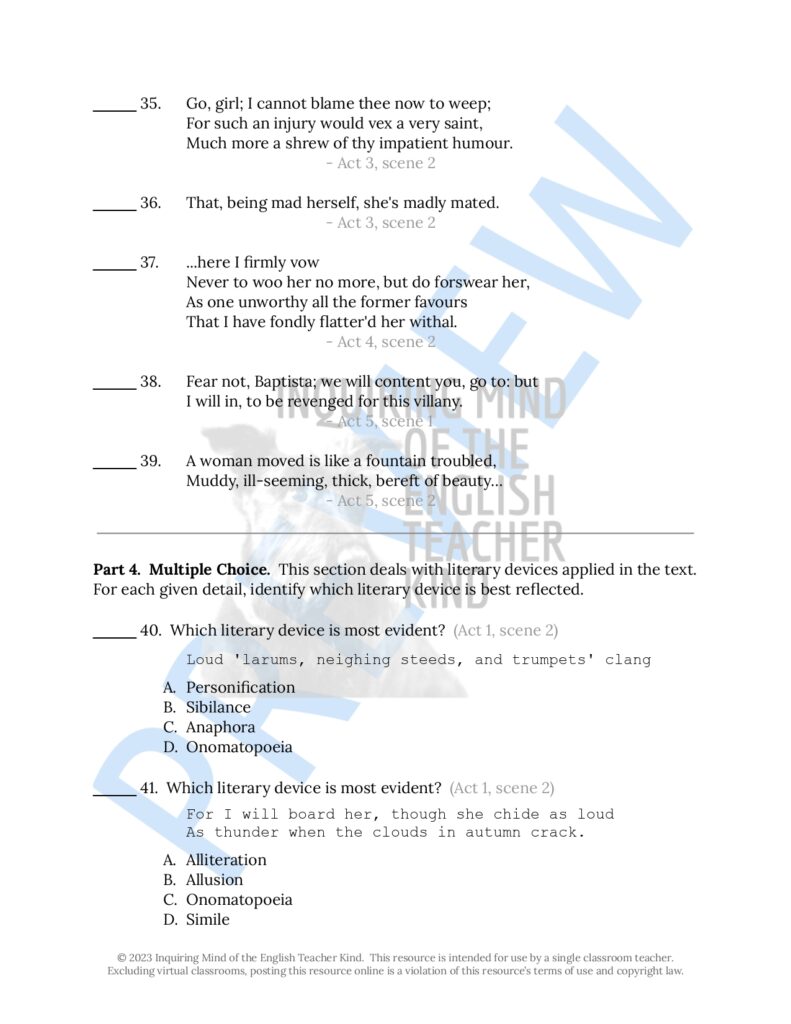 Taming of the Shrew Test and Answer Key | Made By Teachers