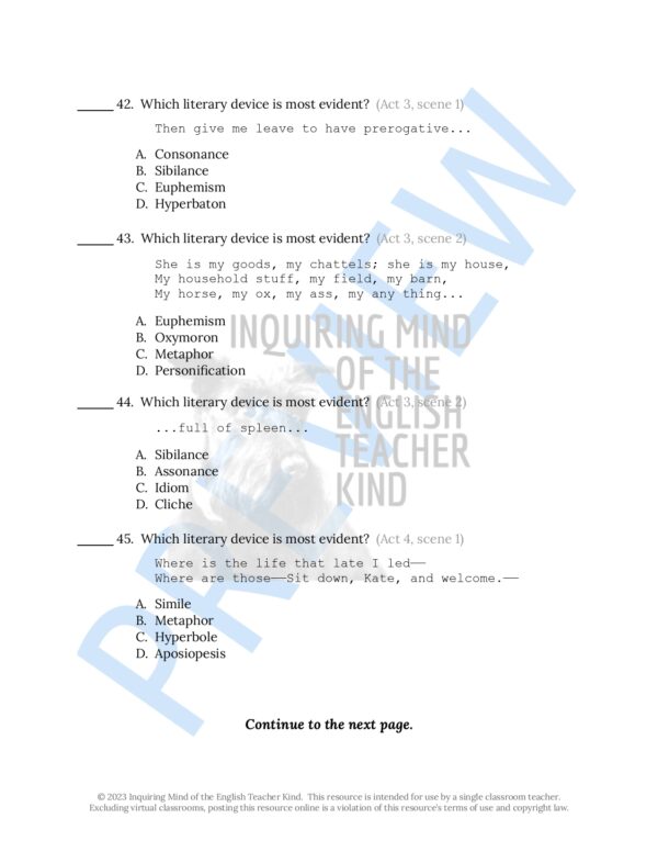 Taming of the Shrew Test and Answer Key | Made By Teachers