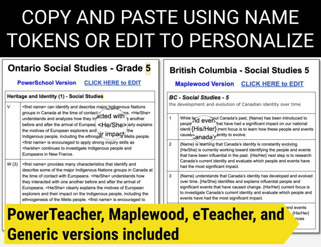 Social Studies Report Card Comments - Ontario and BC Grade 5 - EDITABLE ...