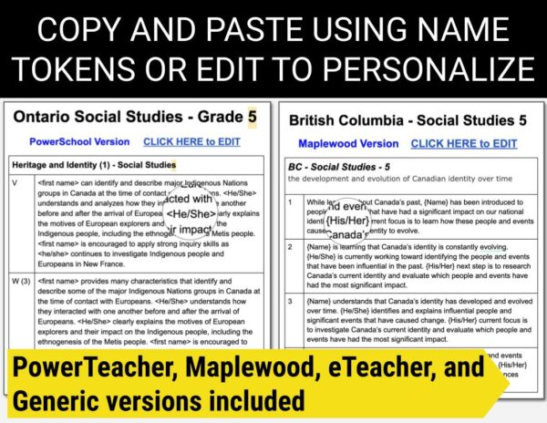 Social Studies Report Card Comments - Ontario and BC Grade 5 - EDITABLE ...