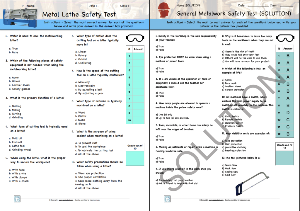 Metalwork Lessons - Set 3 "Printable Safety Tests" | Made By Teachers