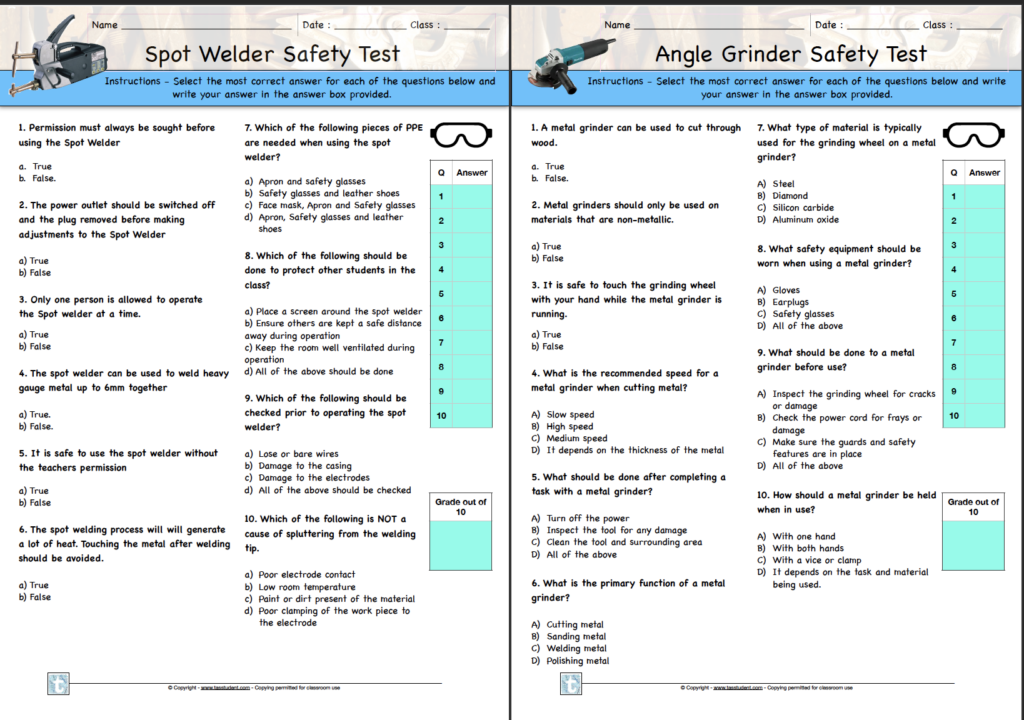 Metalwork Lessons - Set 3 "Printable Safety Tests" | Made By Teachers