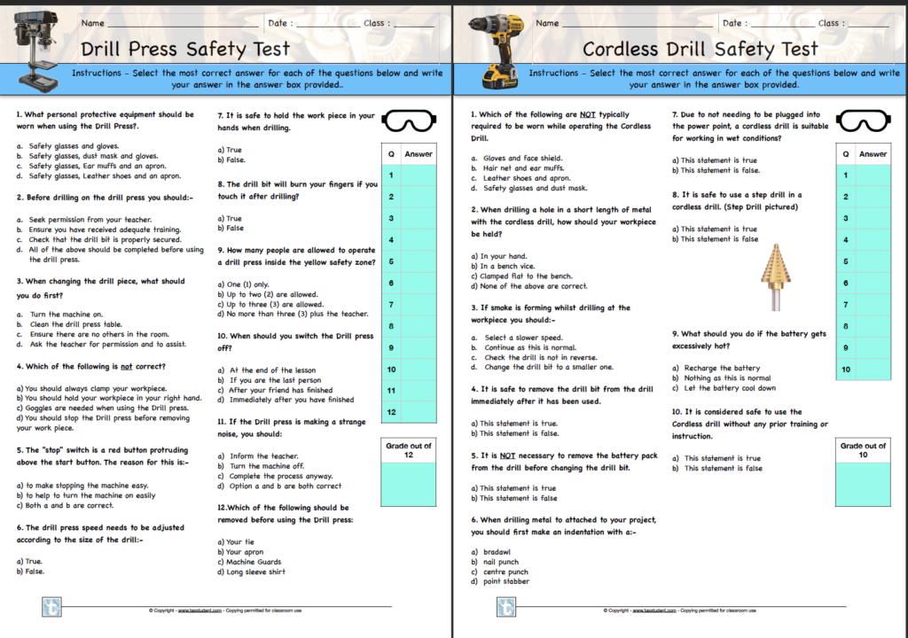 Metalwork Lessons - Set 3 "Printable Safety Tests" | Made By Teachers