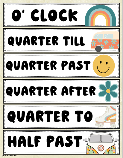 Clock Labels Telling Time Groovy Retro Vibes Theme | Made By Teachers