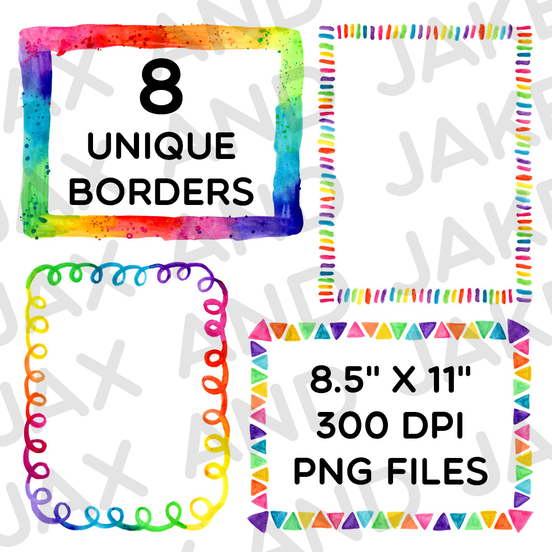 MORE Colorful Rainbow Watercolor Clipart Borders, Clip Art Frames For ...