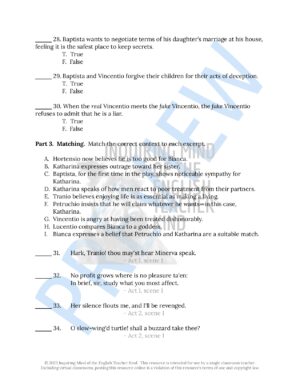Taming of the Shrew Quiz, Close Reading, Test, and Answer Key Bundle ...