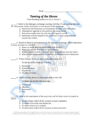 Taming of the Shrew Quiz, Close Reading, Test, and Answer Key Bundle ...