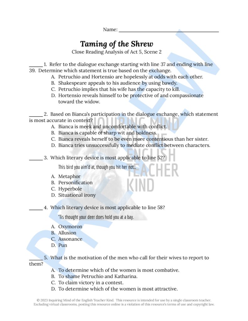 Taming of the Shrew Quiz, Close Reading, Test, and Answer Key Bundle ...