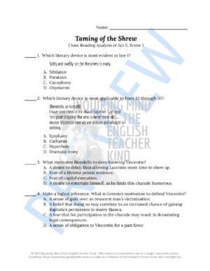 Taming of the Shrew Quiz, Close Reading, Test, and Answer Key Bundle ...