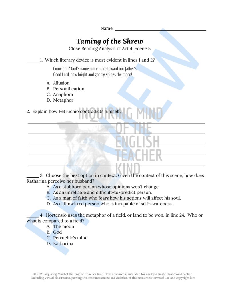 Taming of the Shrew Quiz, Close Reading, Test, and Answer Key Bundle ...