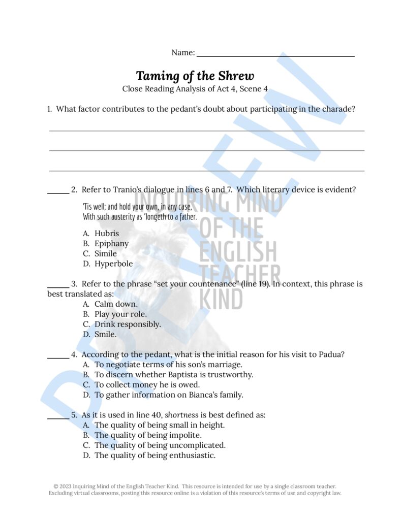 Taming of the Shrew Quiz, Close Reading, Test, and Answer Key Bundle ...
