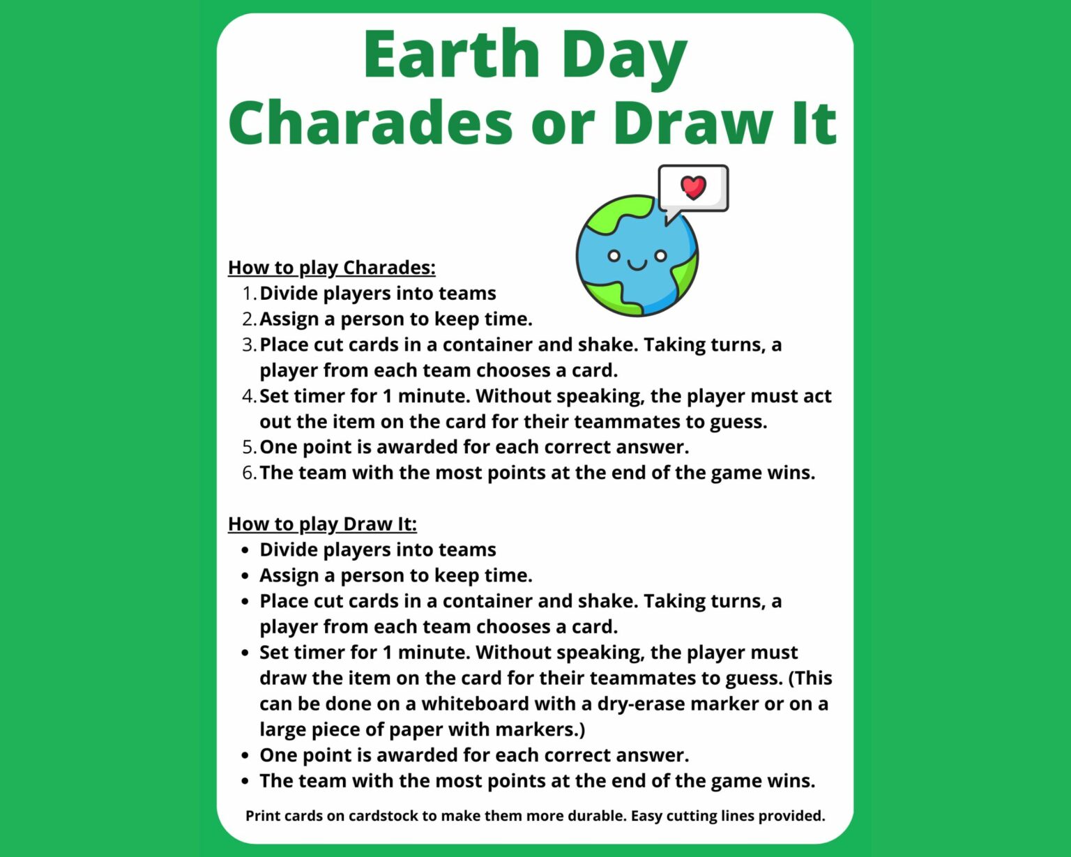 Earth Day Charades, Head's UP, or Draw It Pictionary Cards, STEM ...