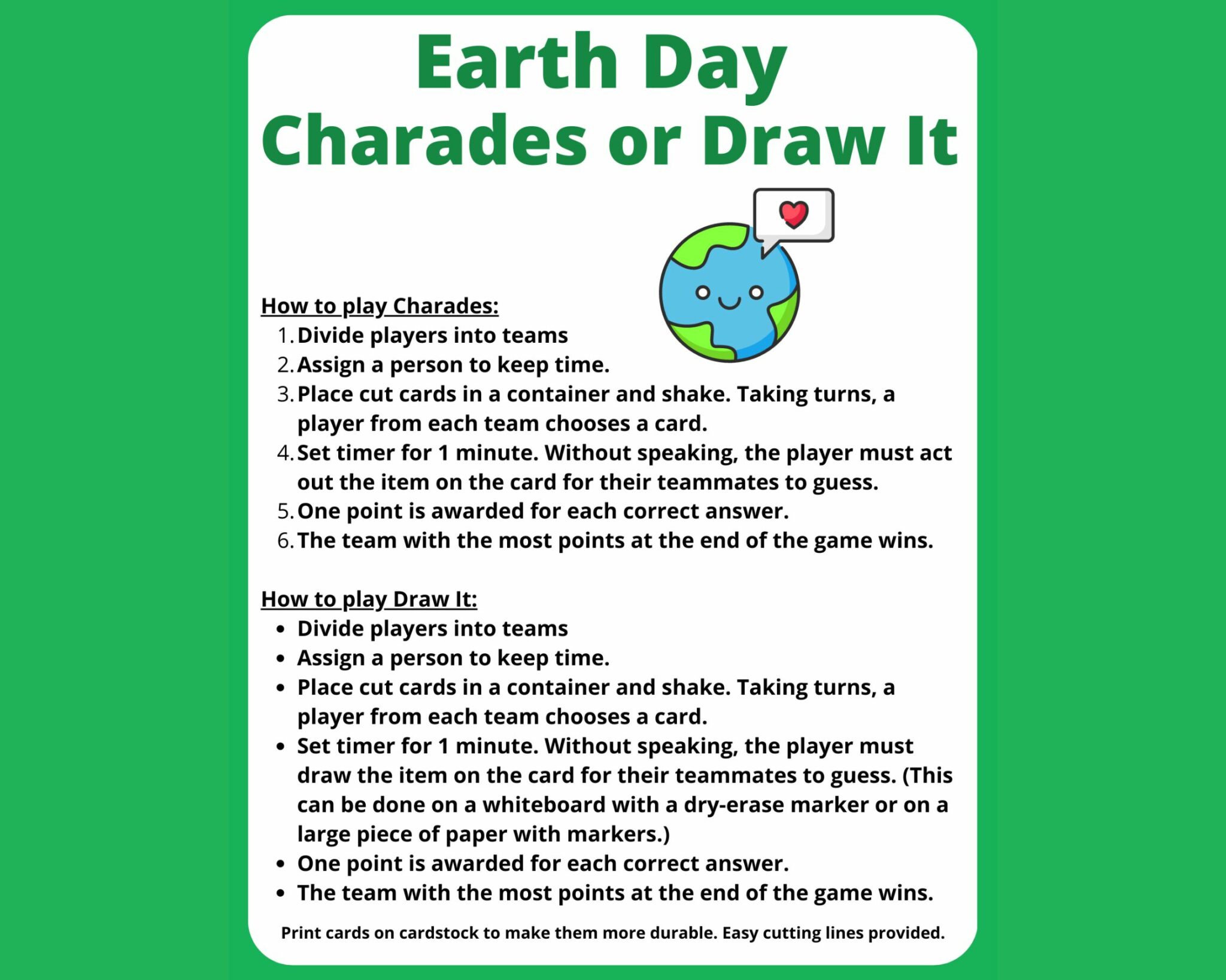 Earth Day Charades, Head's UP, or Draw It Pictionary Cards, STEM ...