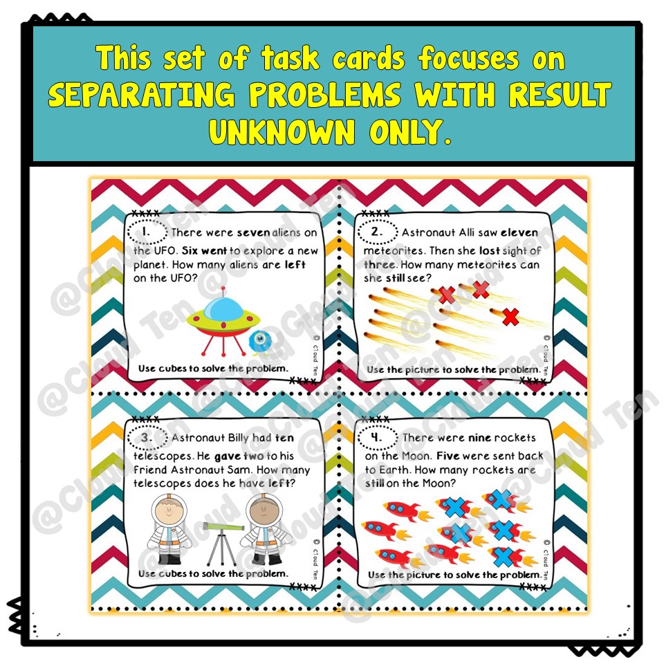 Result unknown subtraction word problem task cards | Made By Teachers