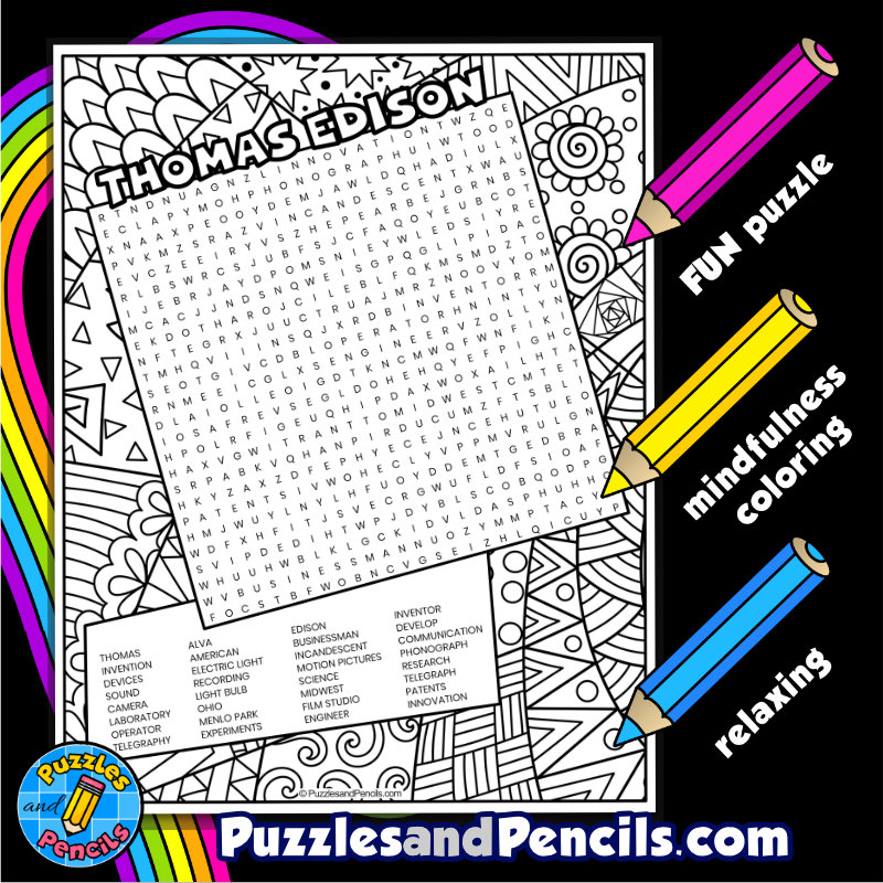 Thomas Edison Word Search Puzzle with Coloring | Famous Inventors ...