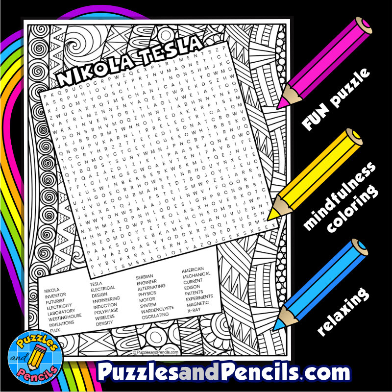 Nikola Tesla Word Search Puzzle with Coloring | Famous Inventors ...