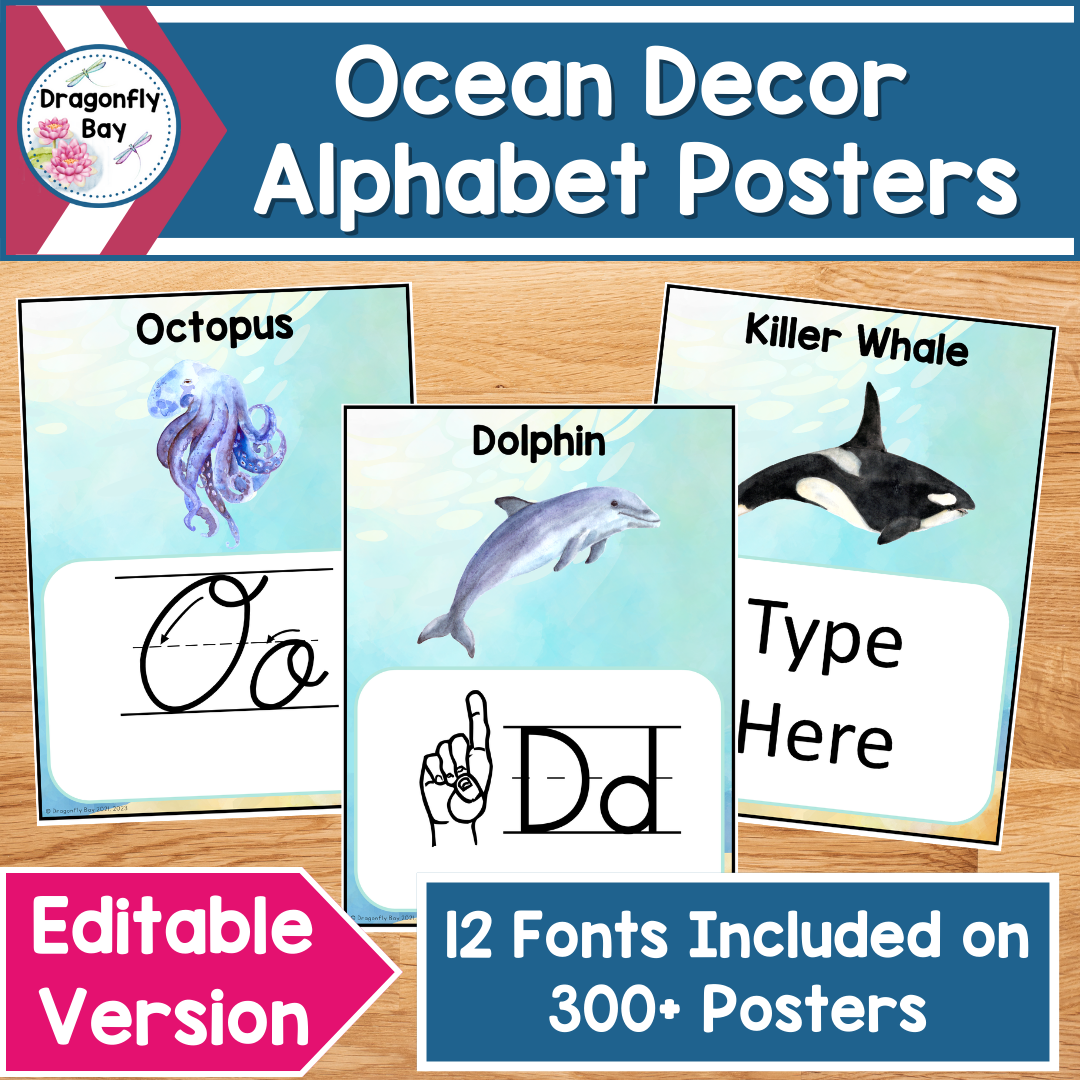 Ocean Alphabet Classroom Décor Posters in 12 Fonts EDITABLE | Made By ...