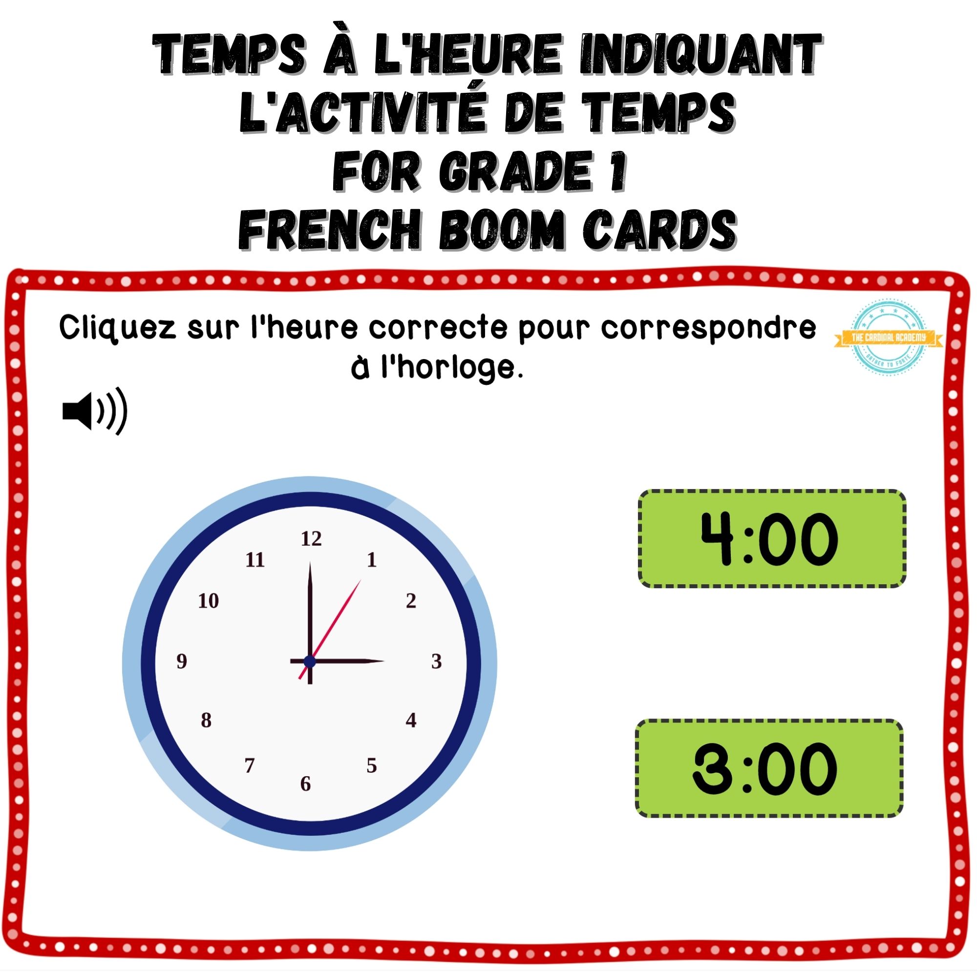 Temps à l'heure indiquant l'activité de temps. Grade 1 French Boom ...