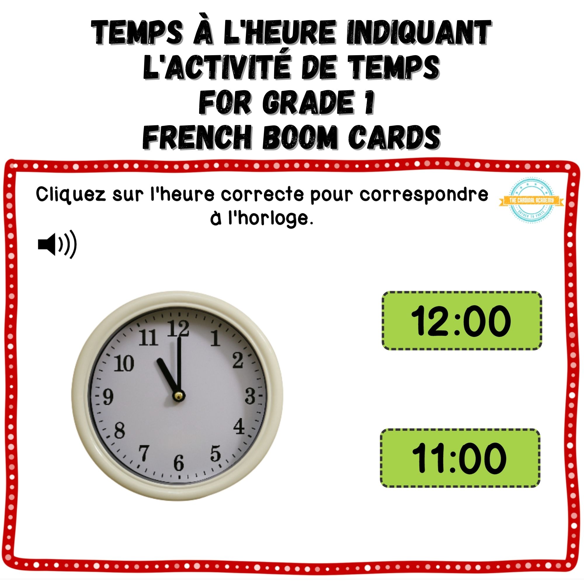 Temps à l'heure indiquant l'activité de temps. Grade 1 French Boom ...