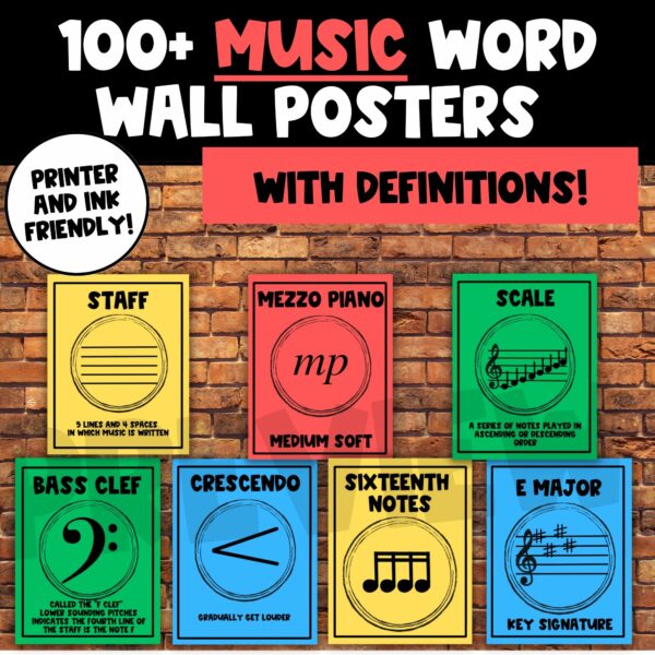Music Word Wall Posters with definitions black & white 100+ posters ...