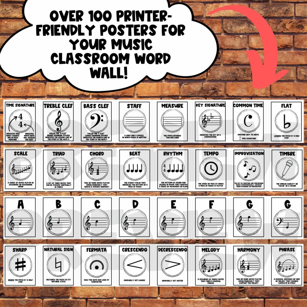 Music Word Wall Posters with definitions black & white 100+ posters ...
