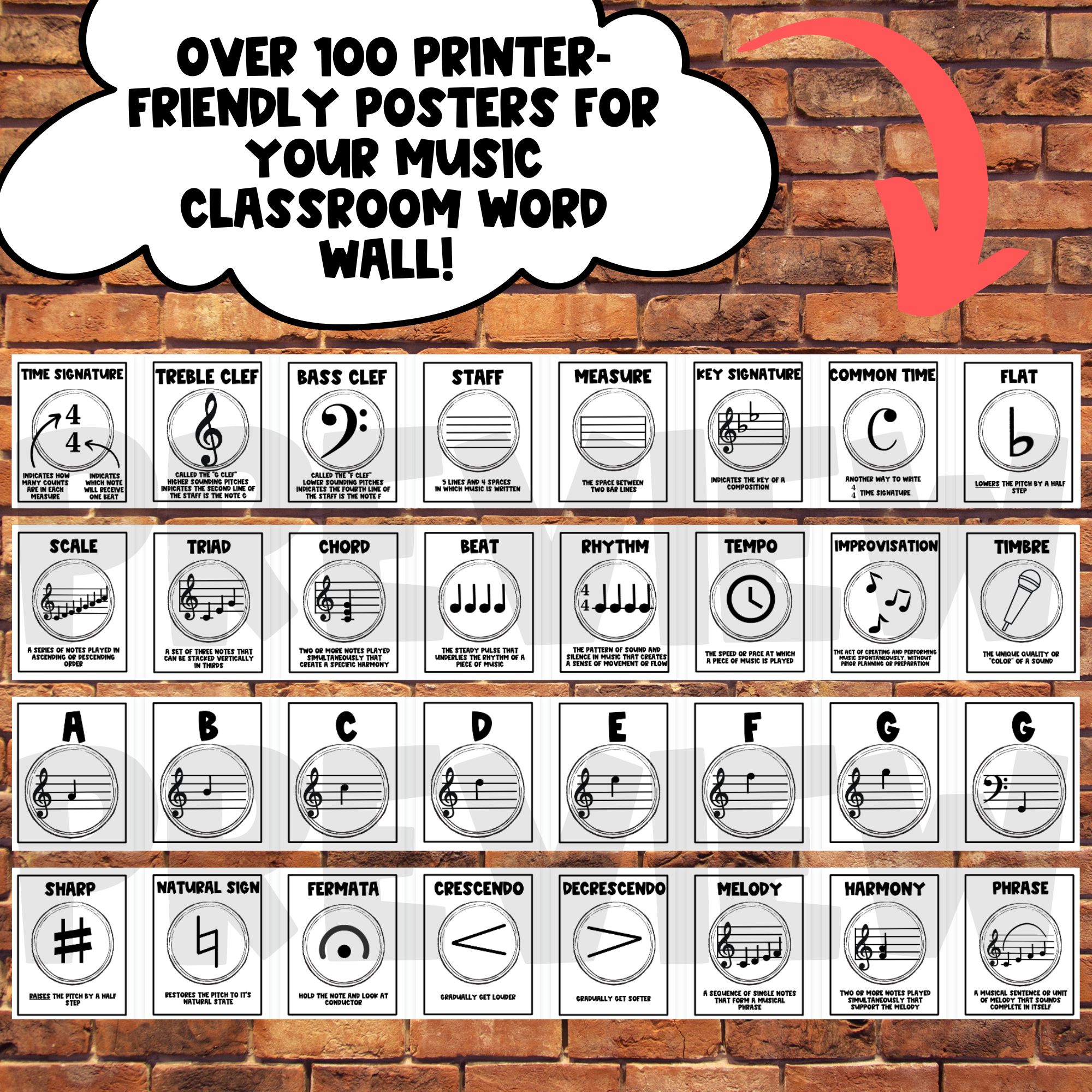 Music Word Wall Posters with definitions black & white 100+ posters ...