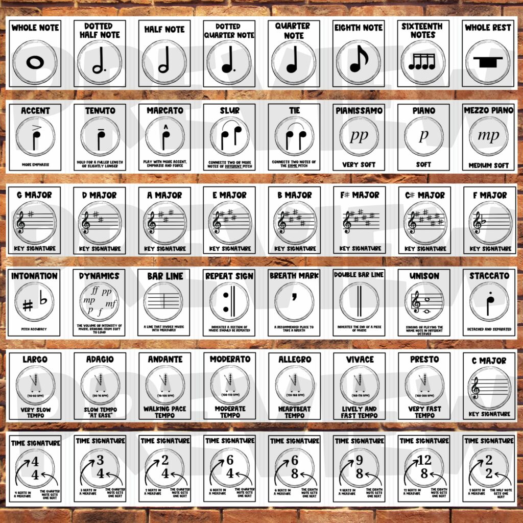 Music Word Wall Posters with definitions black & white 100+ posters ...