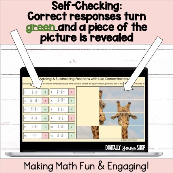 Adding & Subtracting Fractions Like Denominators Self-Checking Digital ...