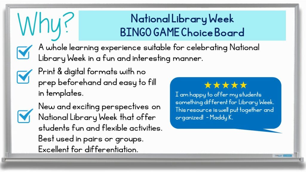 National Library Week Activities Bingo Game - NO PREP Choice Board Fun ...