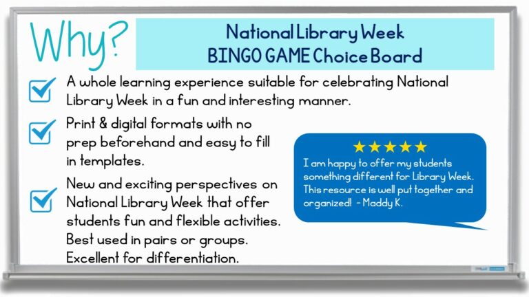 National Library Week Activities Bingo Game - NO PREP Choice Board Fun ...