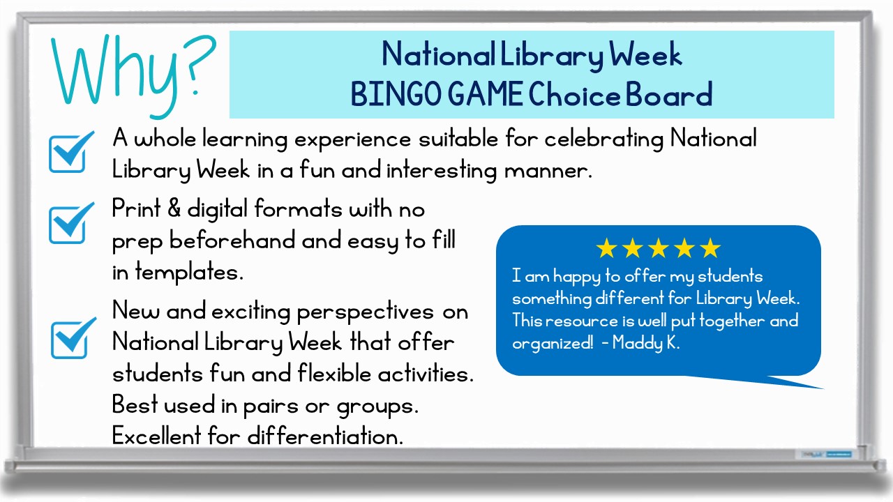 National Library Week Activities Bingo Game - NO PREP Choice Board Fun ...