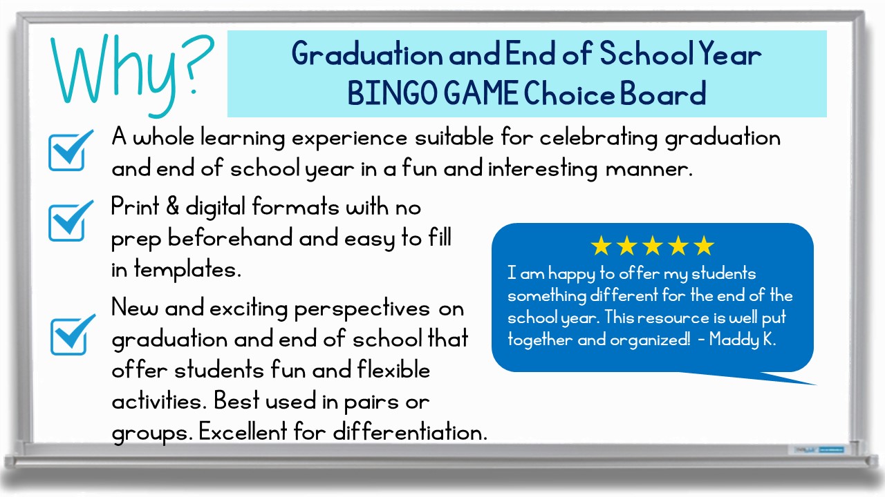 Graduation Activities Bingo Game - End of School Year NO PREP Choice ...