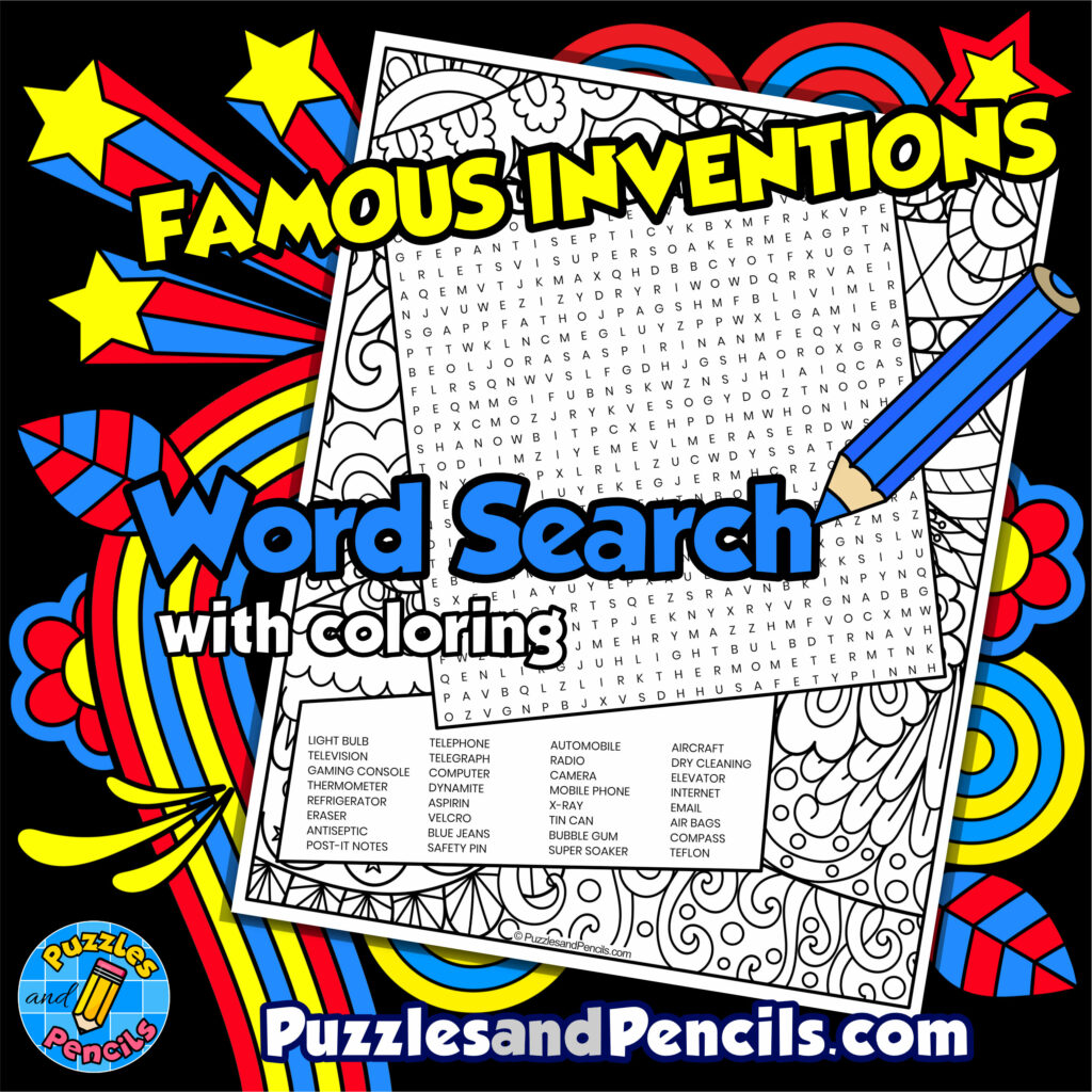 Famous Inventions Word Search Puzzle with Coloring | Wordsearch | Made ...