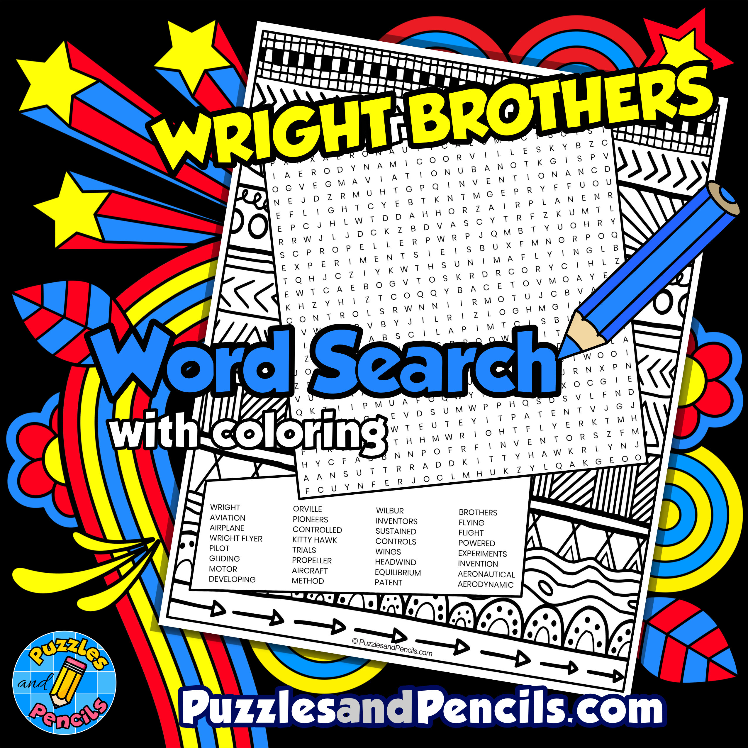 Wright Brothers Word Search Puzzle with Coloring | Famous Inventors ...