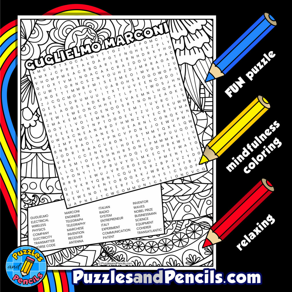 Guglielmo Marconi Word Search Puzzle with Coloring | Famous Inventors ...