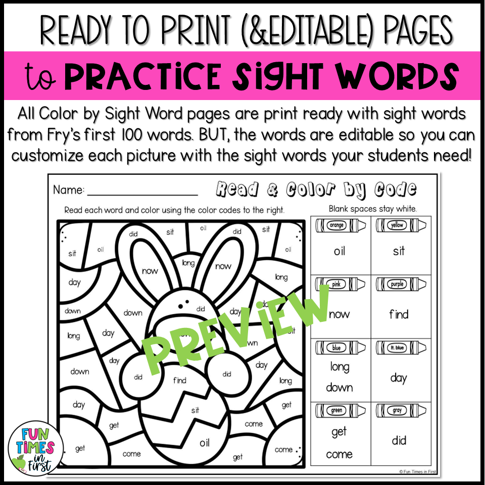 Easter Color By Sight Word Coloring Pages - FREE Editable Sight Word ...
