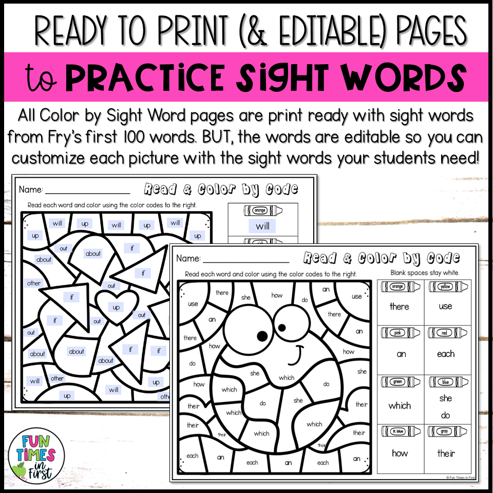 Earth Day Color By Sight Word Coloring Pages - Editable Sight Word ...