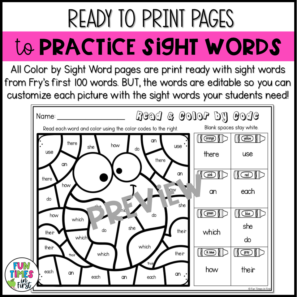 Earth Day Color By Sight Word Coloring Pages - Editable Sight Word ...