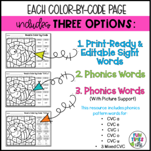 Bugs Color By Code Sight Words and CVC Words - Coloring Pages Editable ...